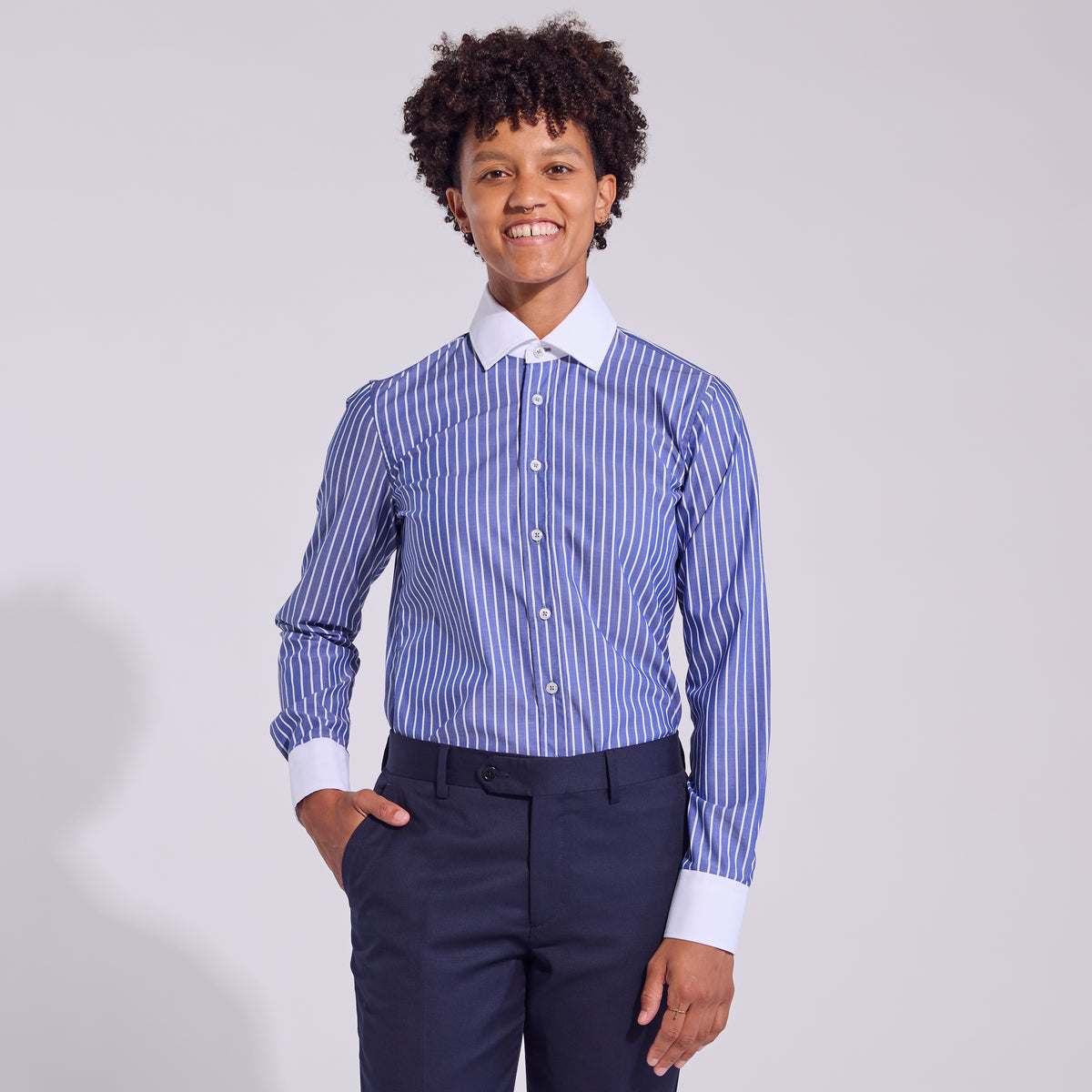 Androgynous Blue Striped Banker Collar Dress Shirt | Kirrin Finch