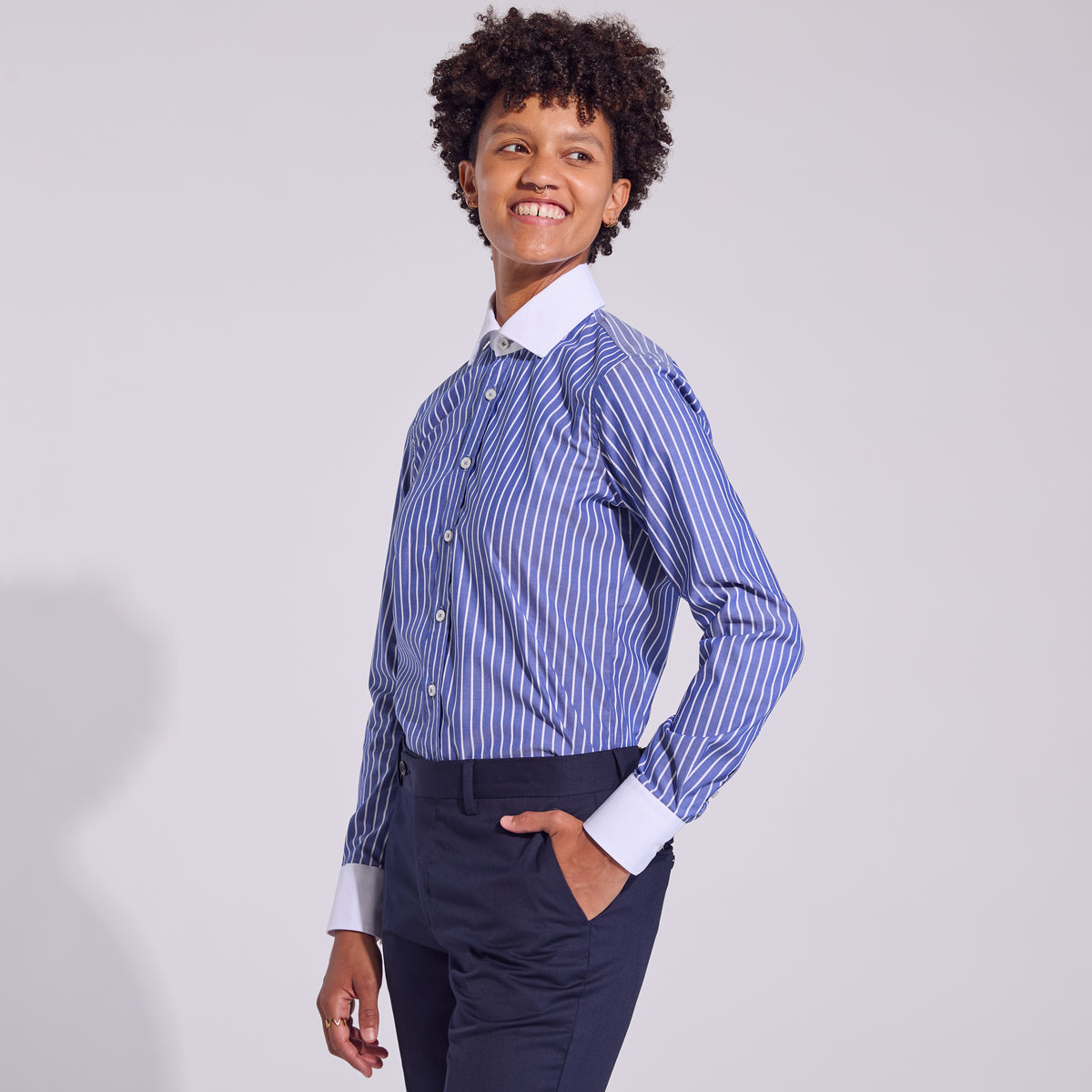 Androgynous Blue Striped Banker Collar Dress Shirt | Kirrin Finch