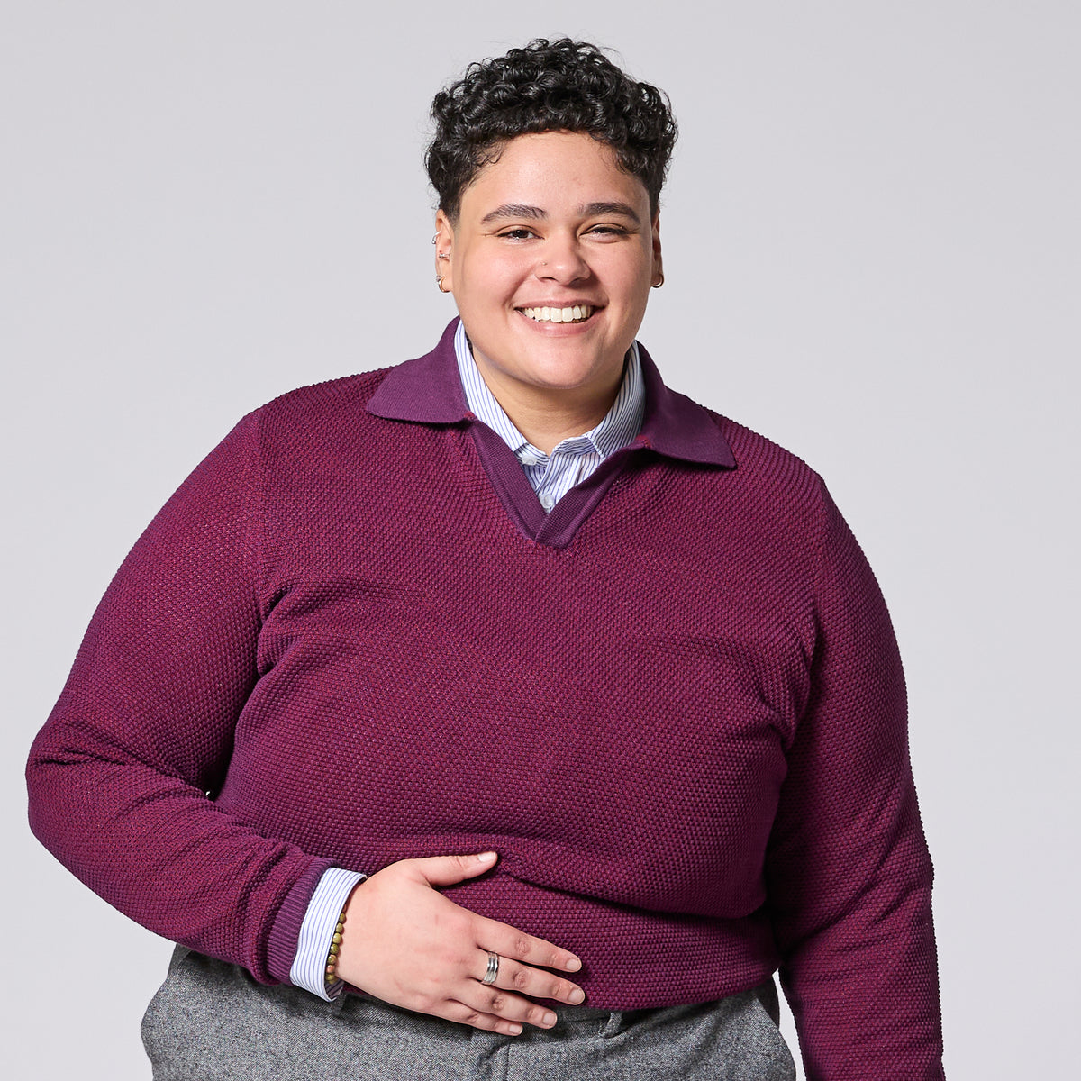 Androgynous Merlot Pique Johnny Collar Polo | Kirrin Finch